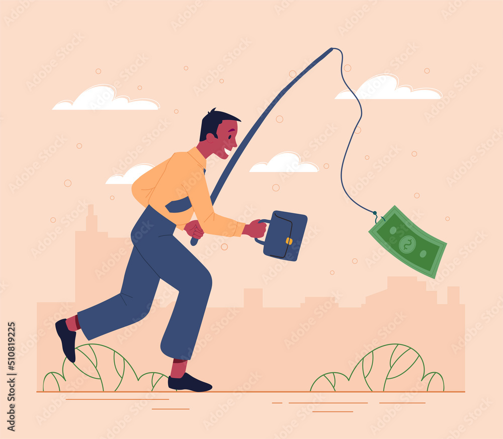 Financial motivation concept. Young guy with fishing rod runs after ...