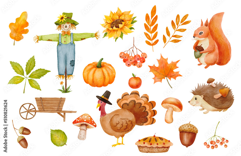 Fall set with leaves and squirrel. Watercolor scarecrow character and ...