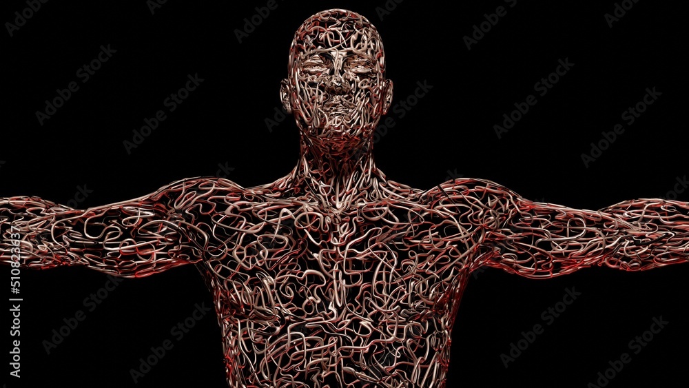 Man made of curves , twisting wires . Wireframe Human body made of vine ...