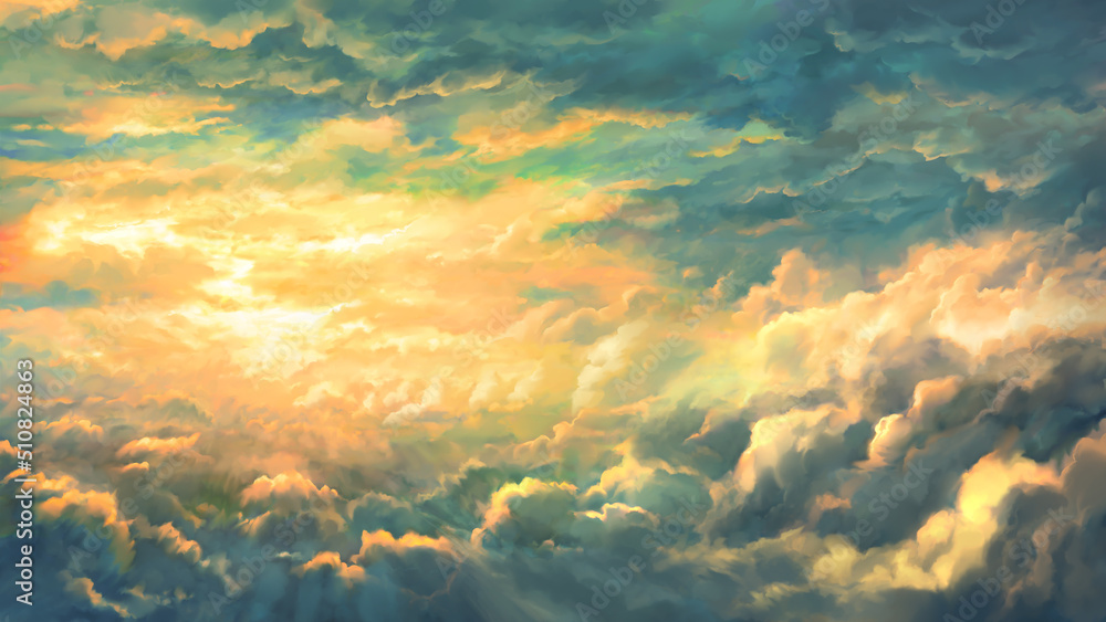Beautiful golden sky, Anime background, 2D Illustration Stock ...