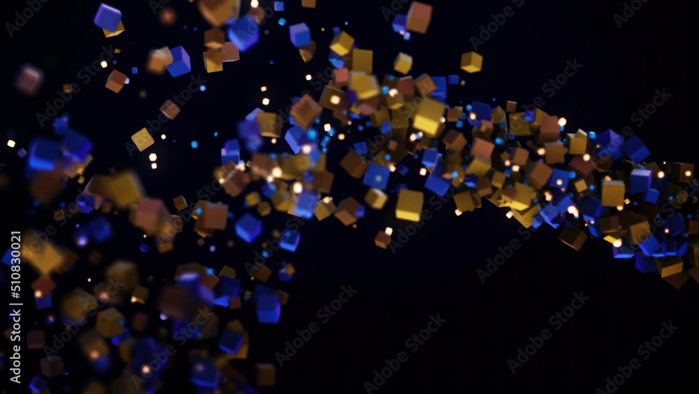 Cubic particles forming line on black background. Animation. Cubes of ...