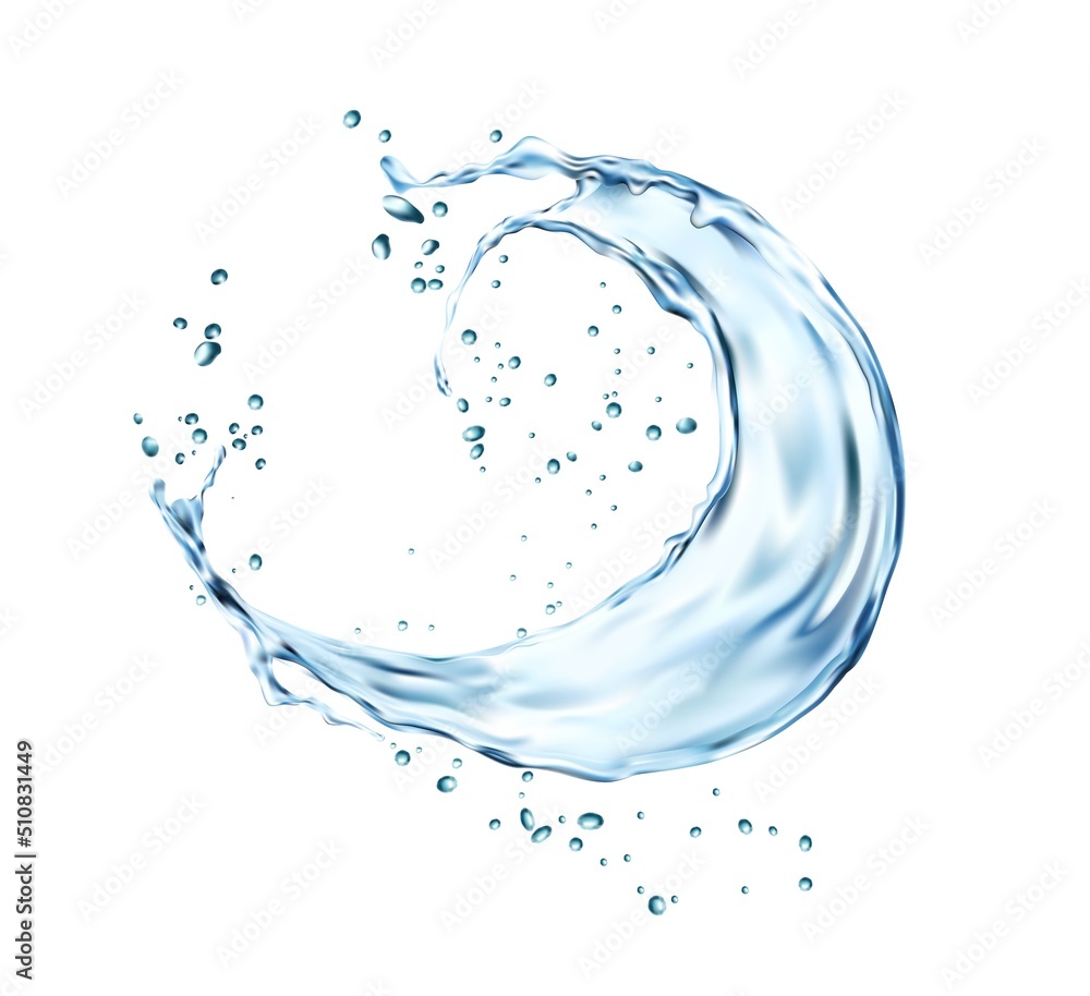 Water splash with wave swirl and liquid drops, vector blue fresh aqua ...