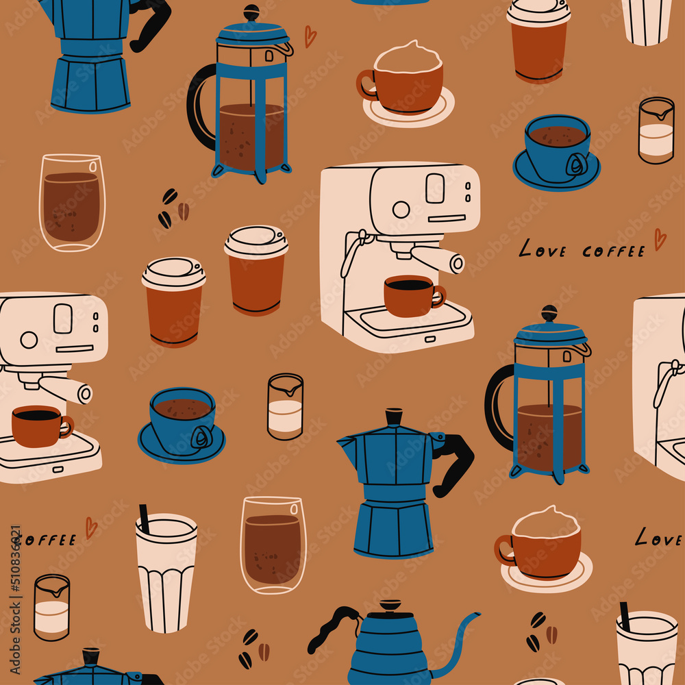 Coffee brewing equipment. Various coffee elements. French press, coffee machine, mug, cup, milk ...