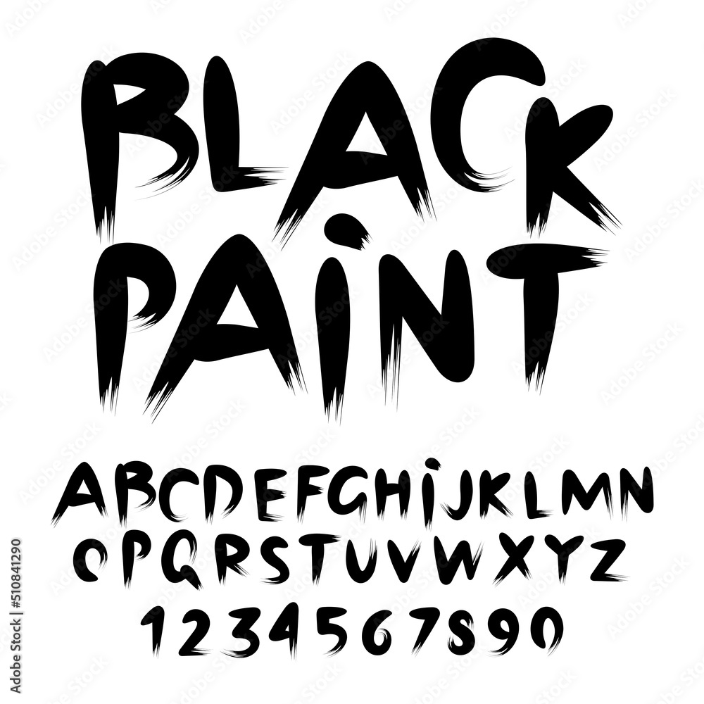 Black Paint Font, alphabet. Ink brush stroke. Letters and numbers. flat ...