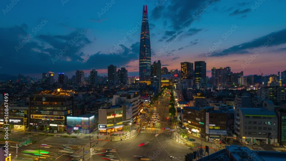 Stunning City View of Futuristic Skyline at Night, Skyscrapers in Asian ...