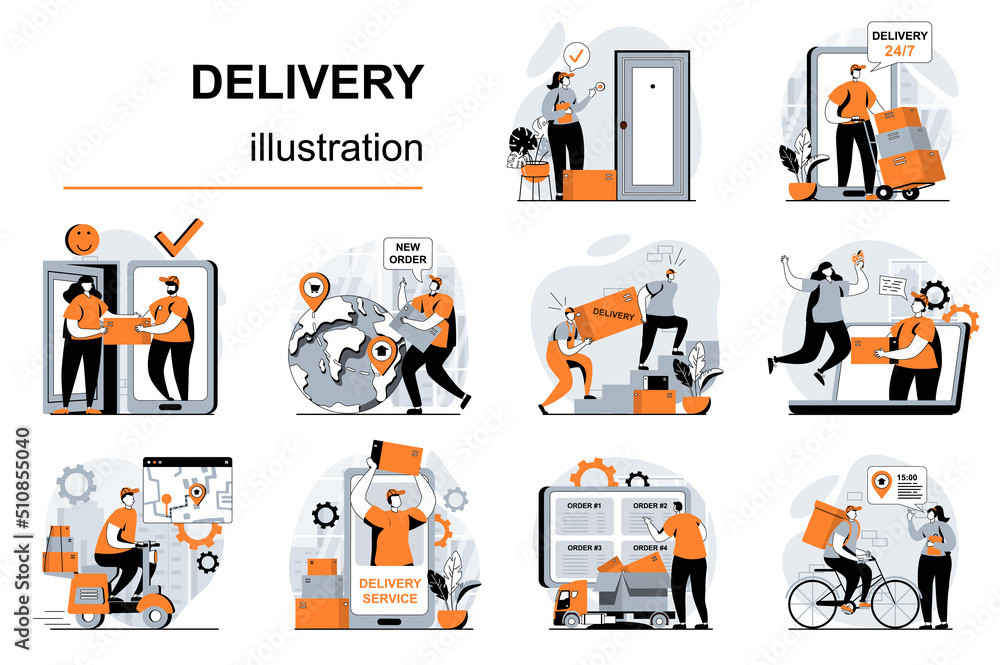 Delivery service concept with people scenes set in flat design. Women ...