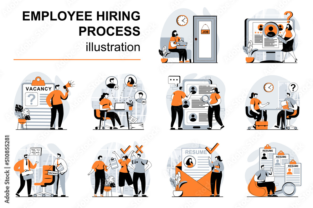 Employee hiring process concept with people scenes set in flat design ...