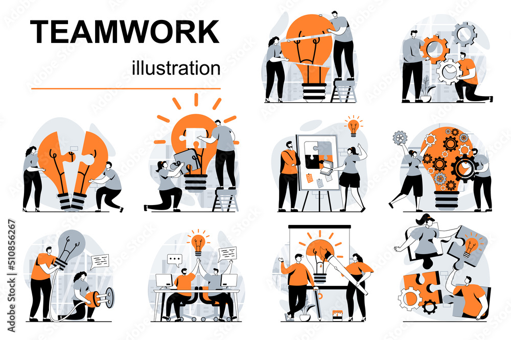 Teamwork concept with people scenes set in flat design. Women and men ...