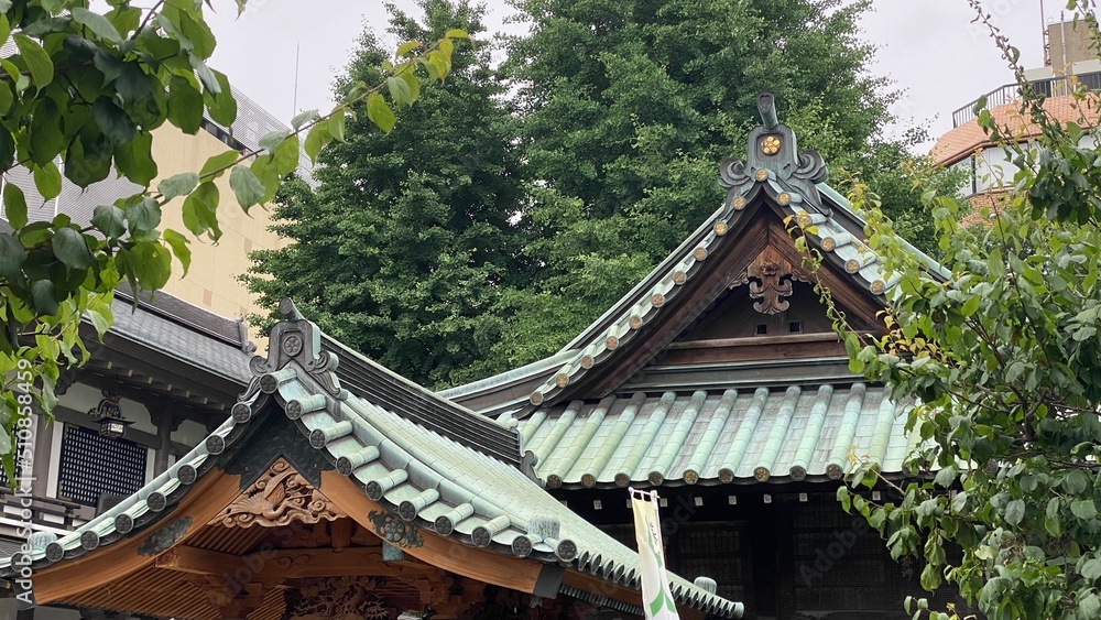 Detail of Japanese shrine architectures. Plum floral as their “Kamon ...