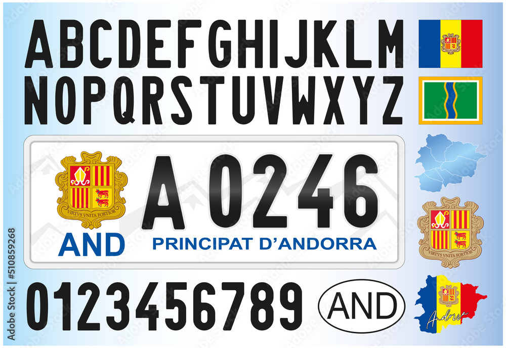 Andorra new car license plate, 2011, letters, numbers and symbols ...