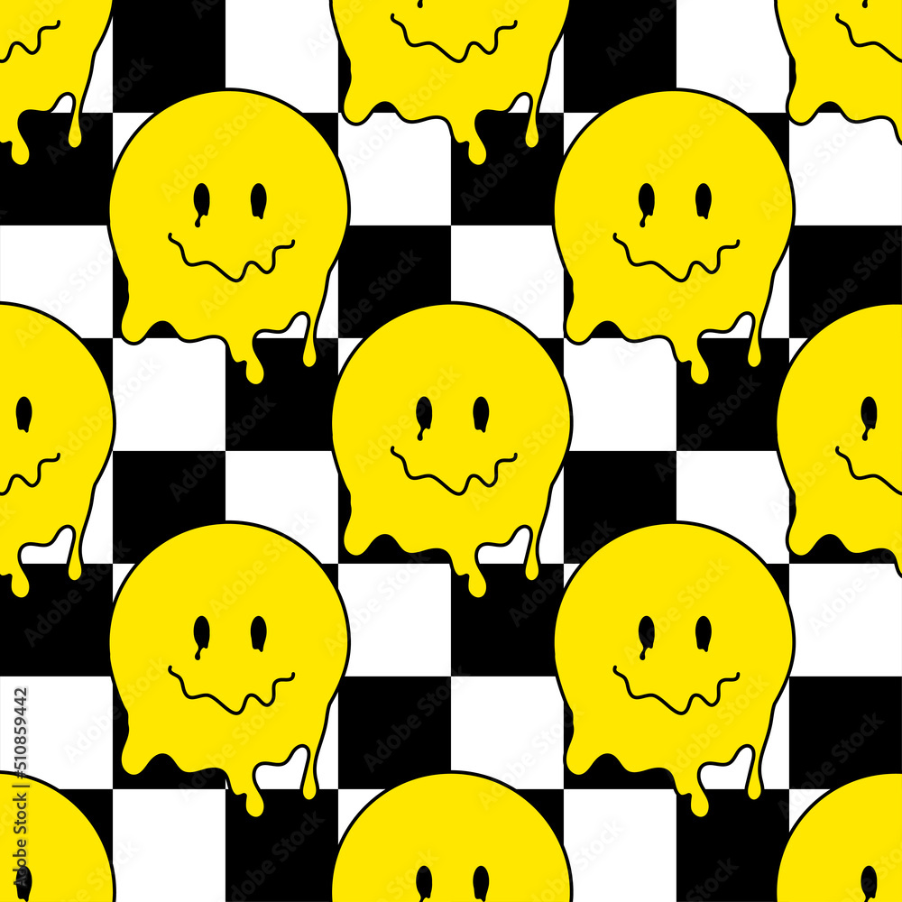 Funny smile dope faces seamless pattern. psychedelic surreal techno ...