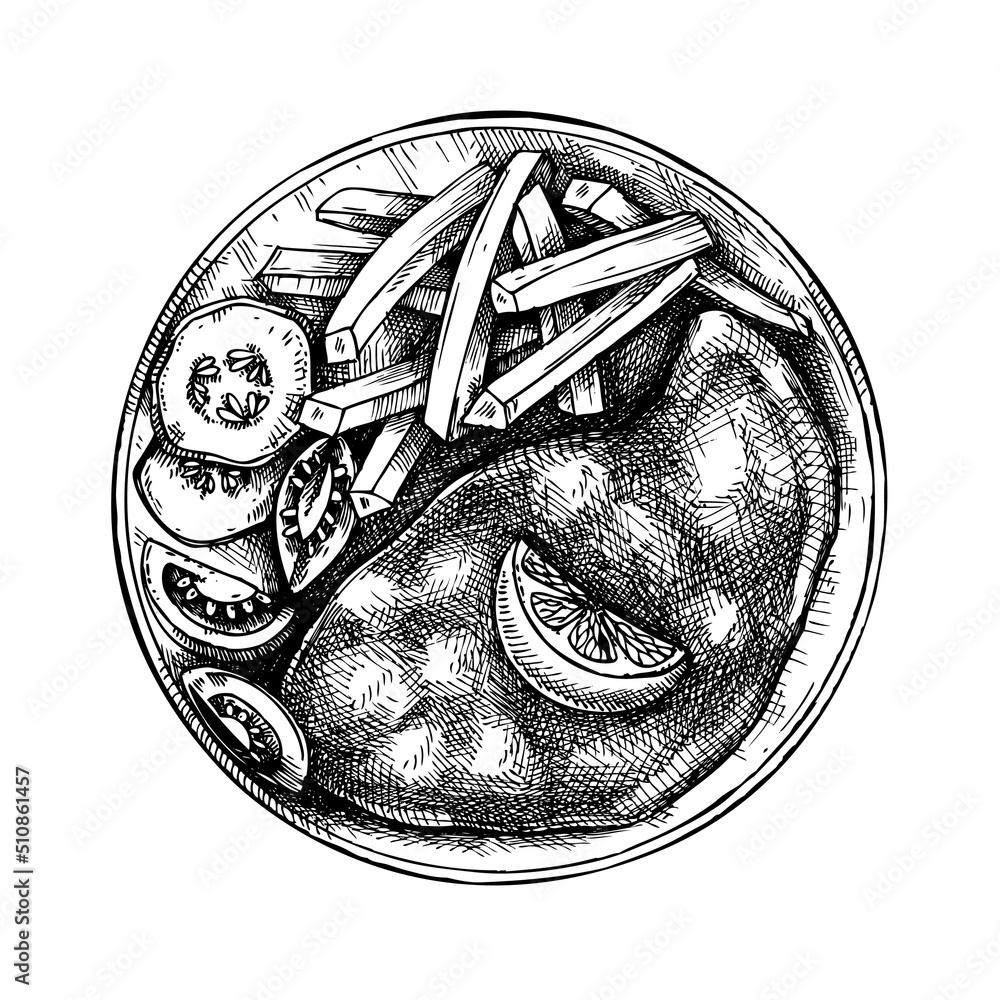 Schnitzel with French fries vintage drawing. German food sketch ...