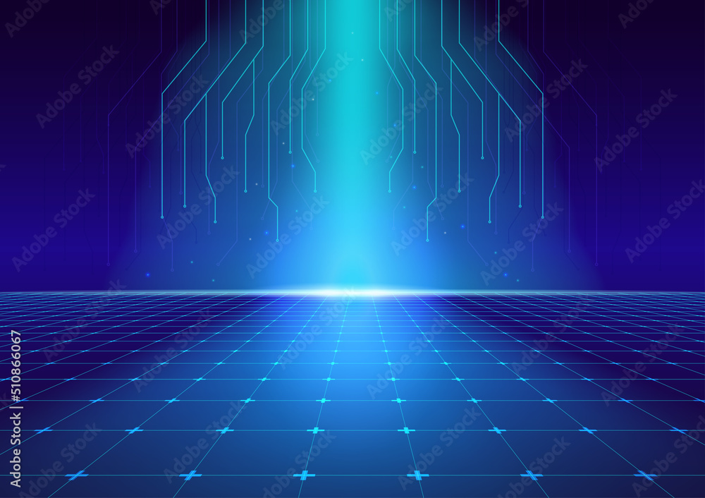 Blue Green Grid Floor and Digital Circuit Retro Future Technology ...