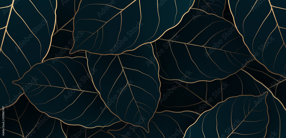 Luxury dark blue tropical leaves background with golden line. Elegant ...