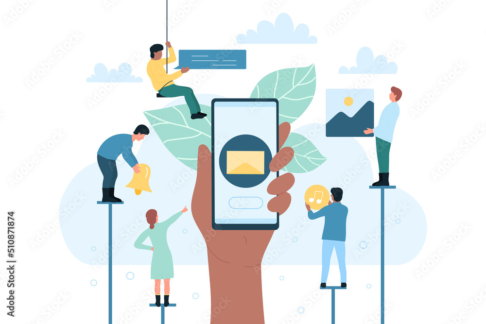 Social media communication and messenger notification. Cartoon hand ...