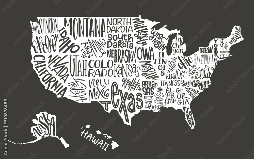 USA MAP. United States of America with script text state names. Flat ...