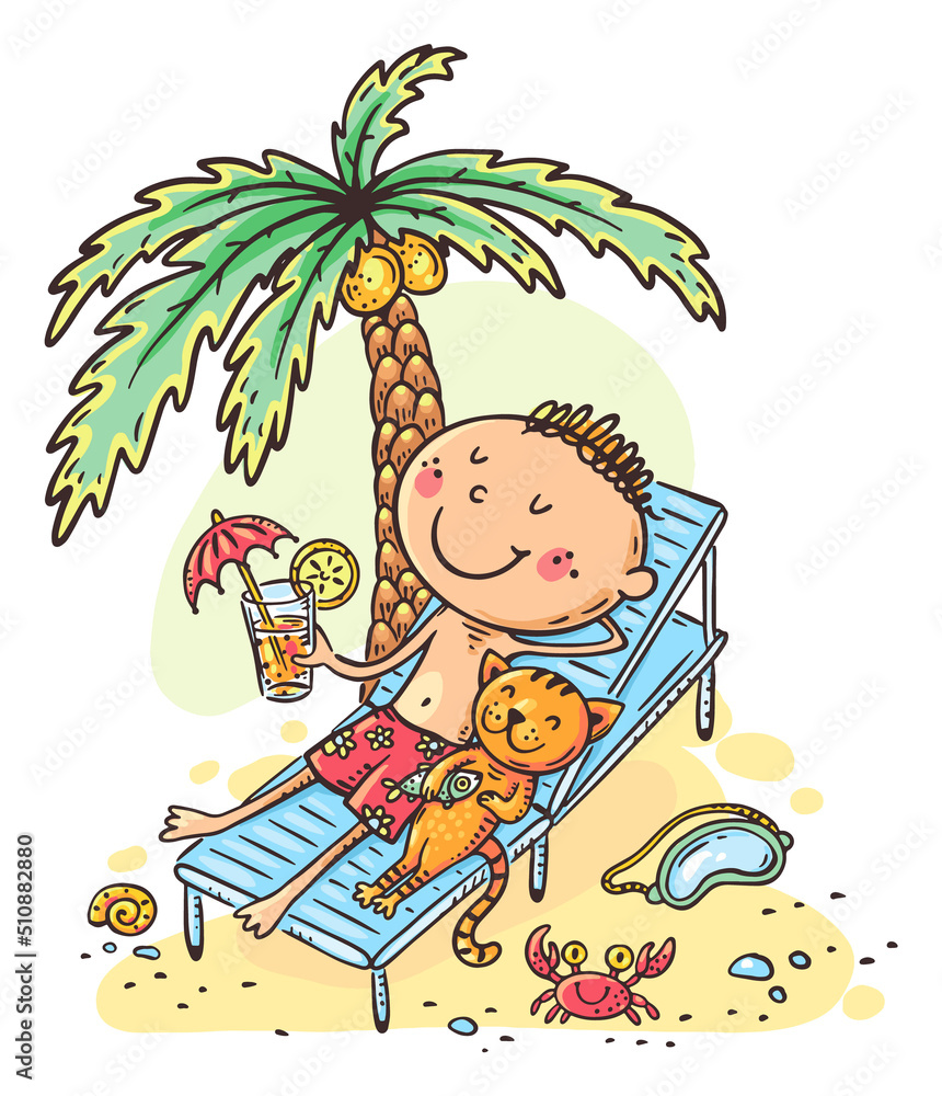 Cartoon drawing child sunbathing at the beach under a palm tree Stock ...