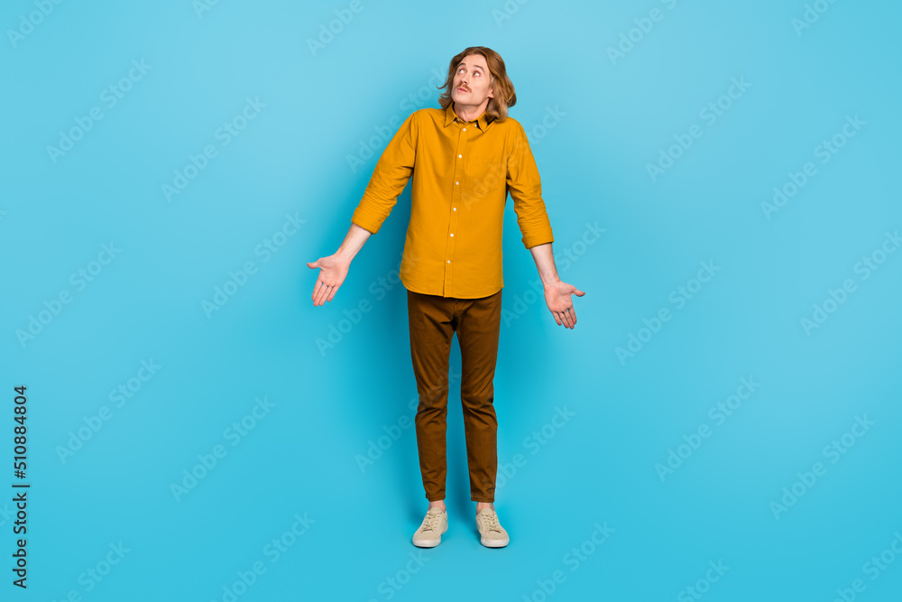 Full length body size view of attractive unsure discontent guy ...