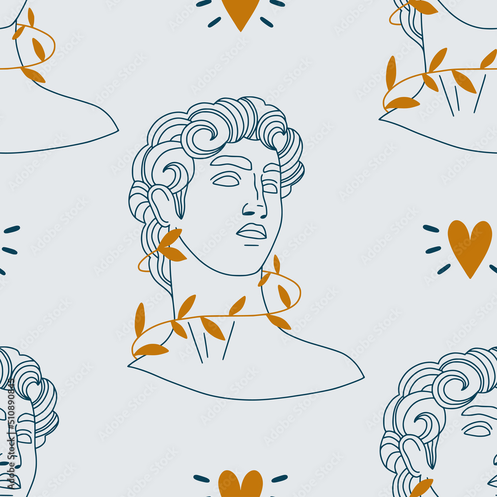Antique statue with leaves seamless pattern. Ancient greek god head in ...