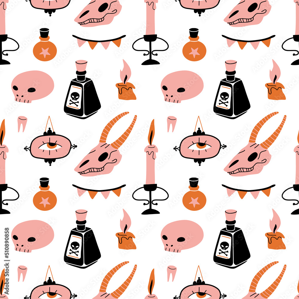Dark magic seamless pattern with skull, potion, poison, candle, garland ...