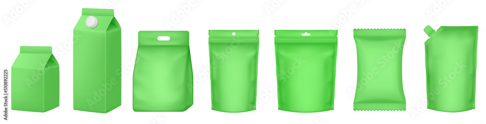 Set of milk cardboard package. Vector zip bag. Realistic carton package ...