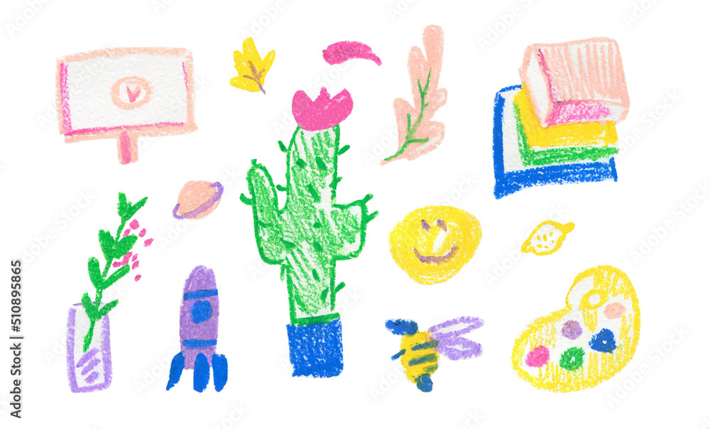 Set of illustrations for the day of knowledge drawn with wax crayons. A ...