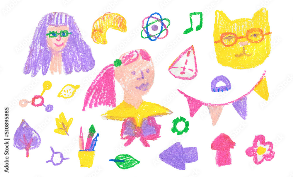 Set of illustrations for the day of knowledge drawn with wax crayons. A ...