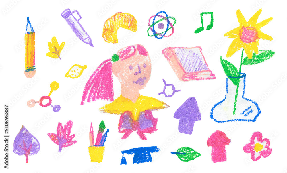 Set of illustrations for the day of knowledge drawn with wax crayons. A ...