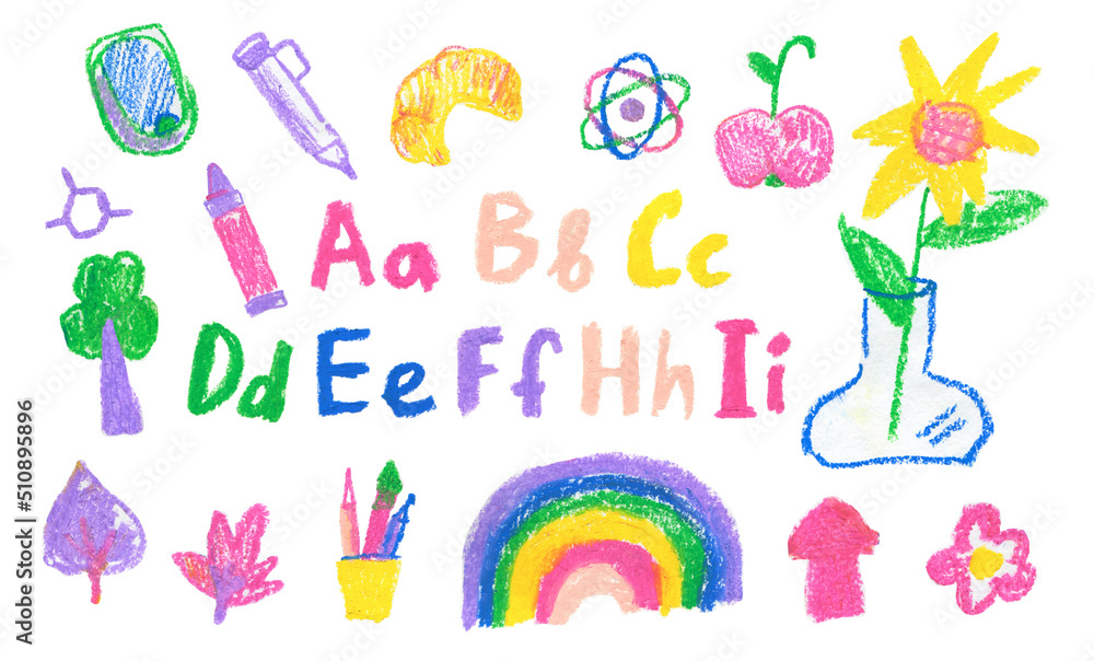 Set of illustrations for the day of knowledge drawn with wax crayons. A ...