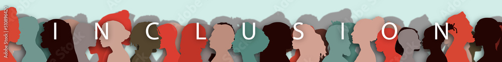 Word - Inclusion. Silhouette profile group of men and women of diverse ...