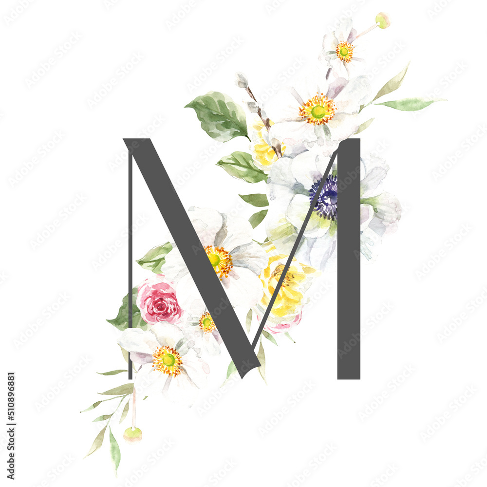 Watercolor Grey Spring Floral Alphabet letter M with flowers. Easter ...