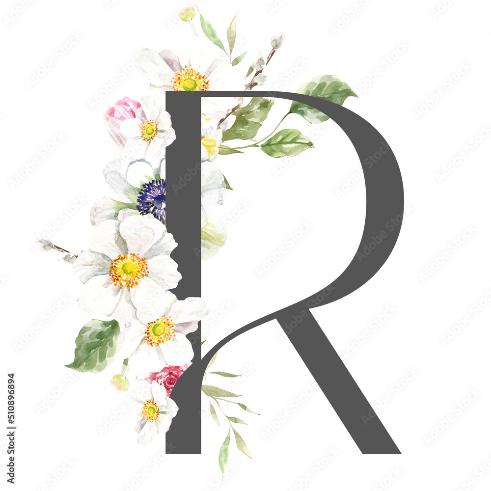 Watercolor Grey Spring Floral Alphabet letter R with flowers. Easter ...