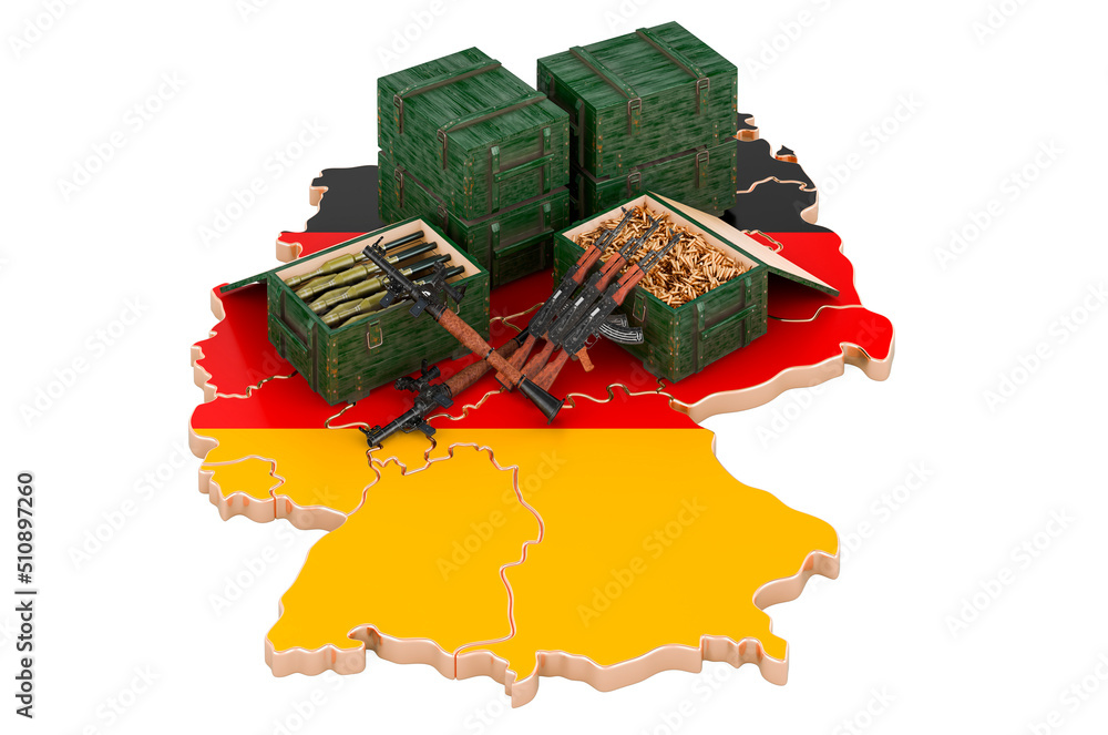 German map with weapons. Military supplies in Germany, concept. 3D ...