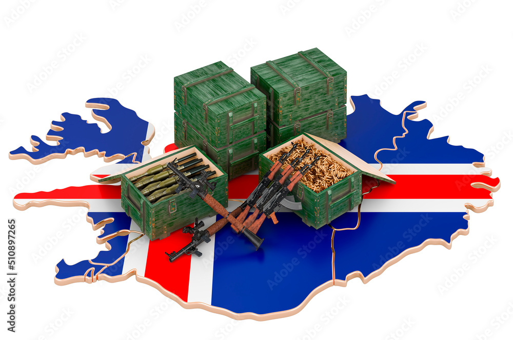 Icelandic map with weapons. Military supplies in Iceland, concept. 3D ...