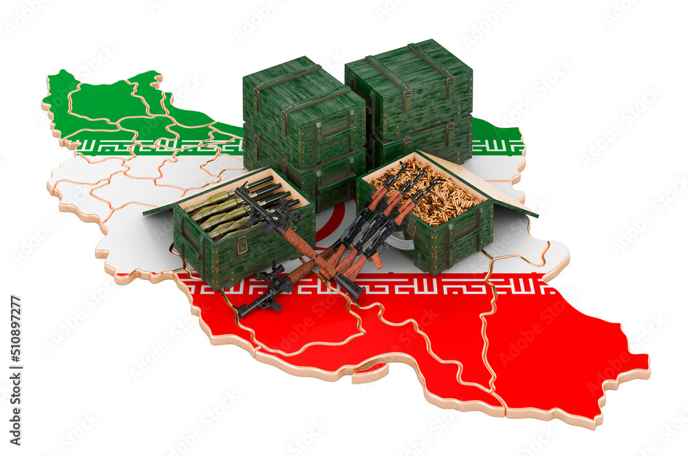 Iranian map with weapons. Military supplies in Iran, concept. 3D ...