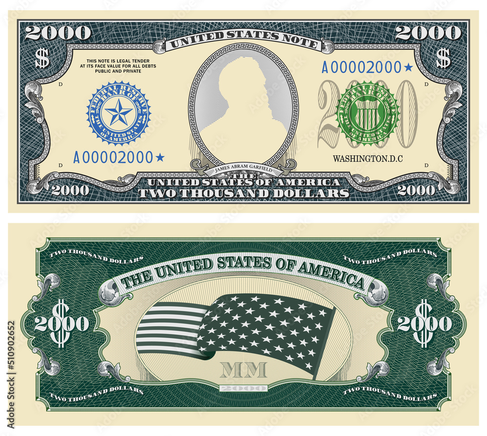 Fictional template obverse and reverse of US paper money. Two thousand ...
