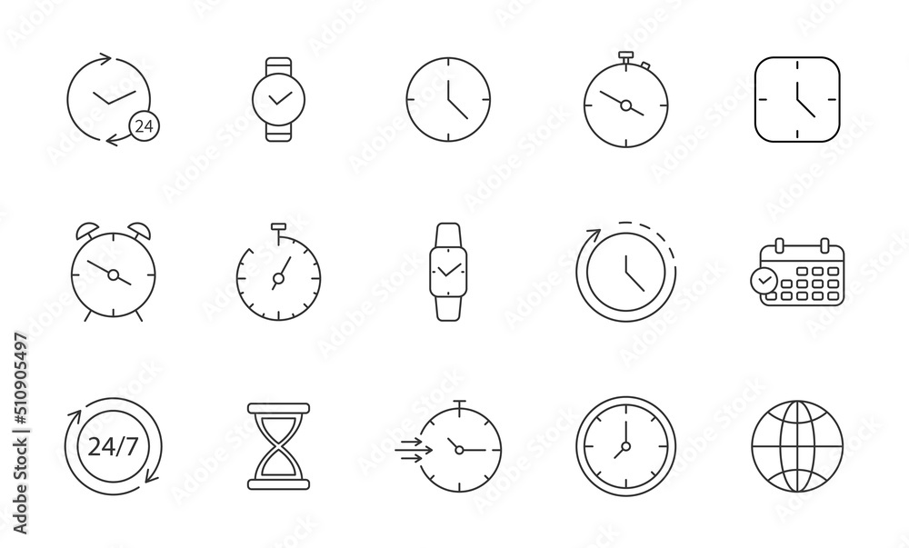 Time line icon set. Clock stroke symbol. Watch, timer, stopwatch ...