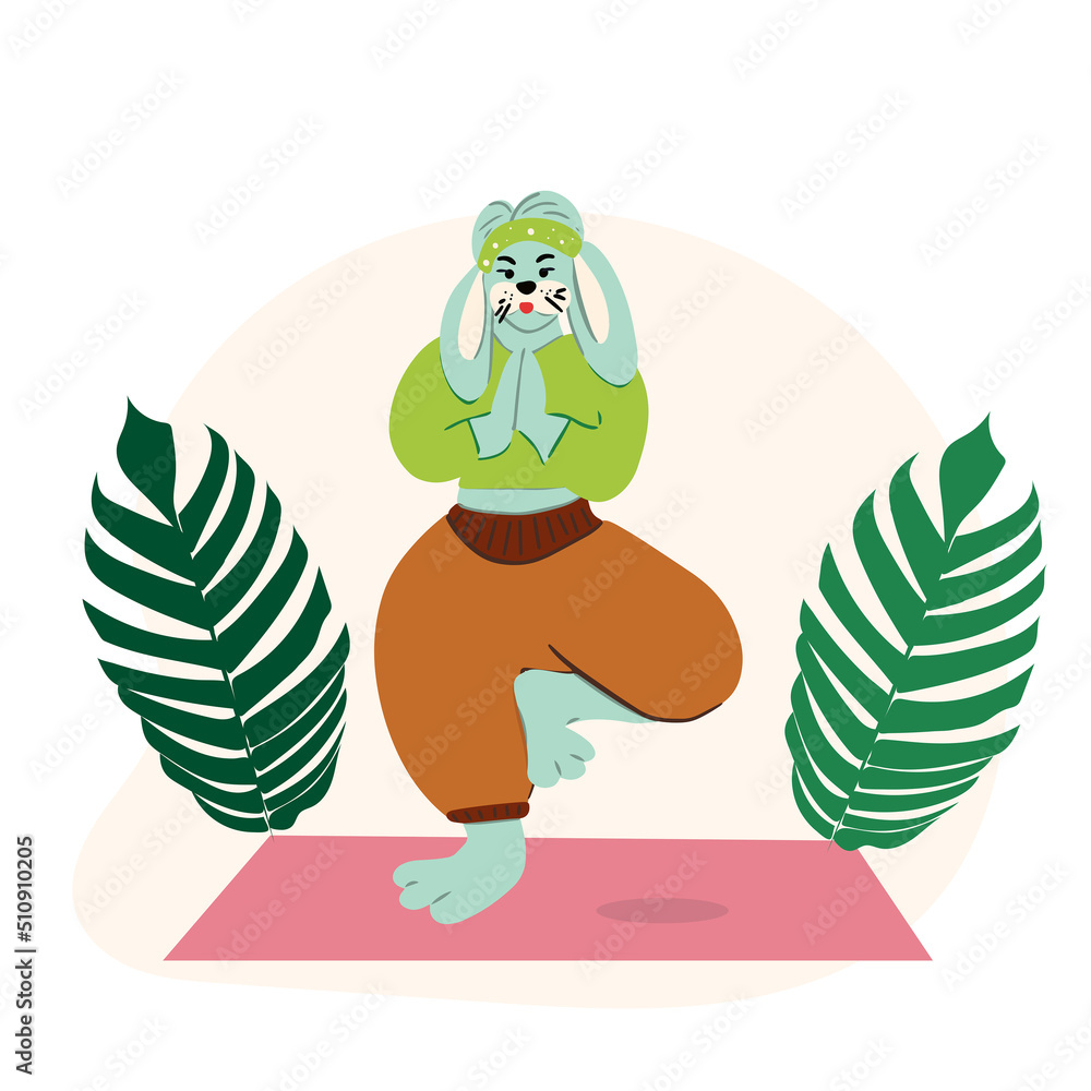 Bunny yoga poses and exercises. Vector flat illustration. Creative ...