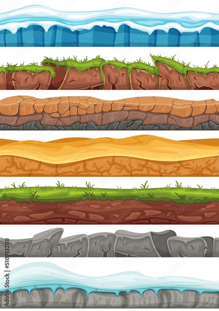 Cartoon seamless grounds. Game background assets of rocks way texture ...