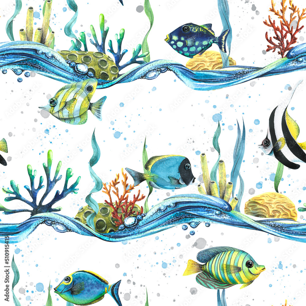 Tropical fish in a coral reef with waves, corals, algae and sea sponges ...
