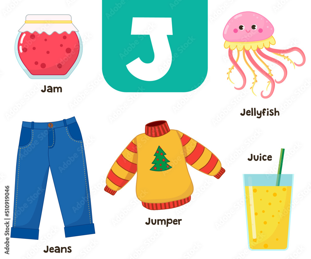 English alphabet in pictures — Children's colored letter J — vector ...