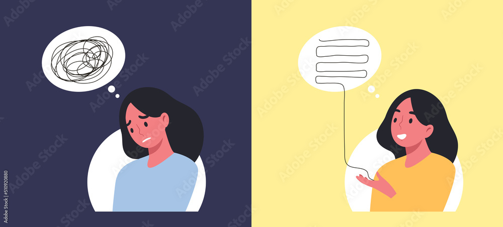 Woman with distracted thought and organized thought on dark and bright ...