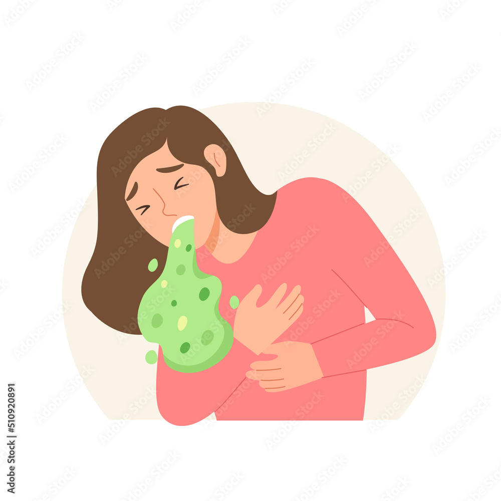 Female is is suffering from vomiting isolated on white background ...
