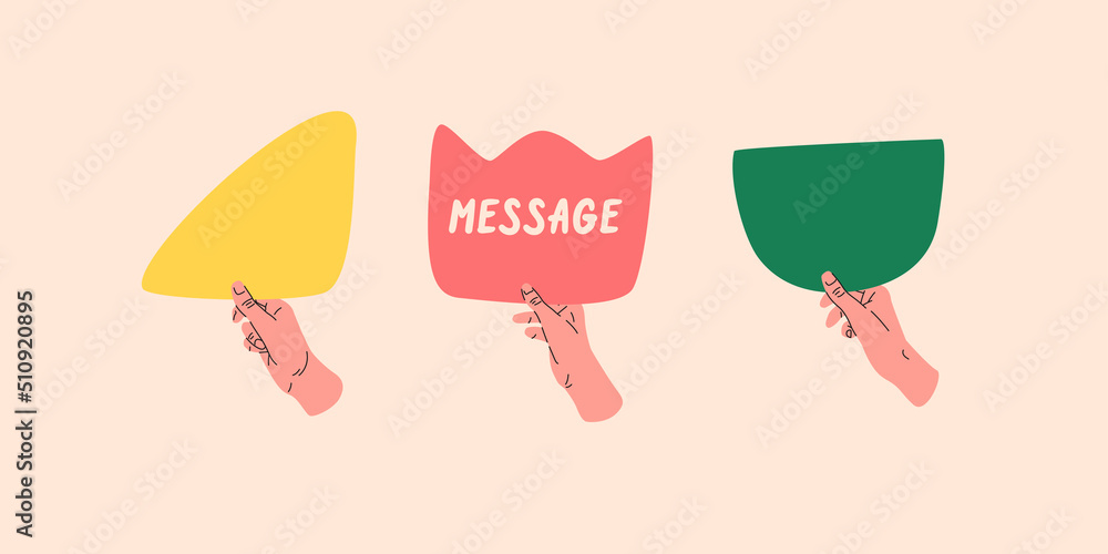 Human hands hold various flat shapes. A set of isolated objects on ...