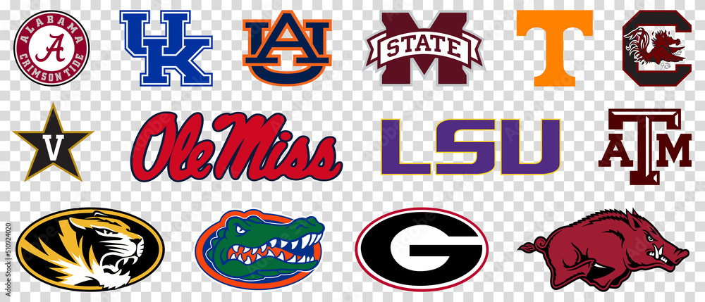 SEC teams logos set. Alabama Crimson Tide, Arkansas Razorbacks, Auburn ...