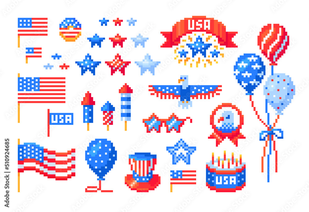 Pixel art symbols set for USA Independence Day, 4th of July Stock ...