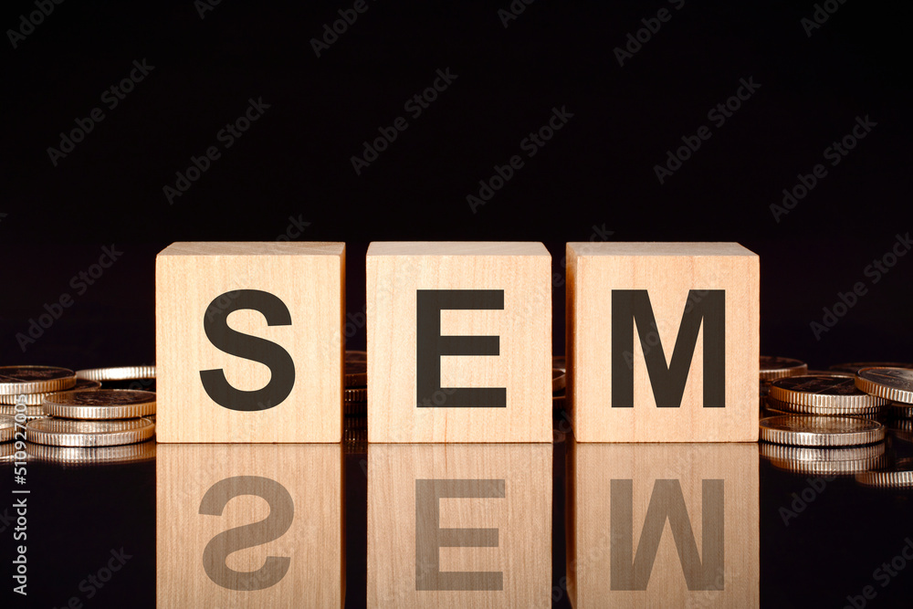 sem - text on wood blocks on black background with coins. front view ...
