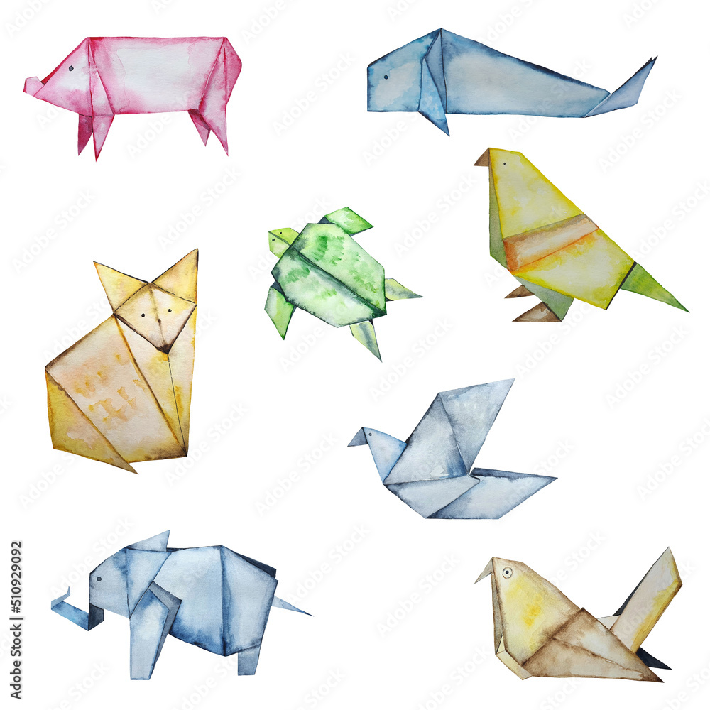 Watercolor hand-drawn colorful origami illustrations - paper turtle ...