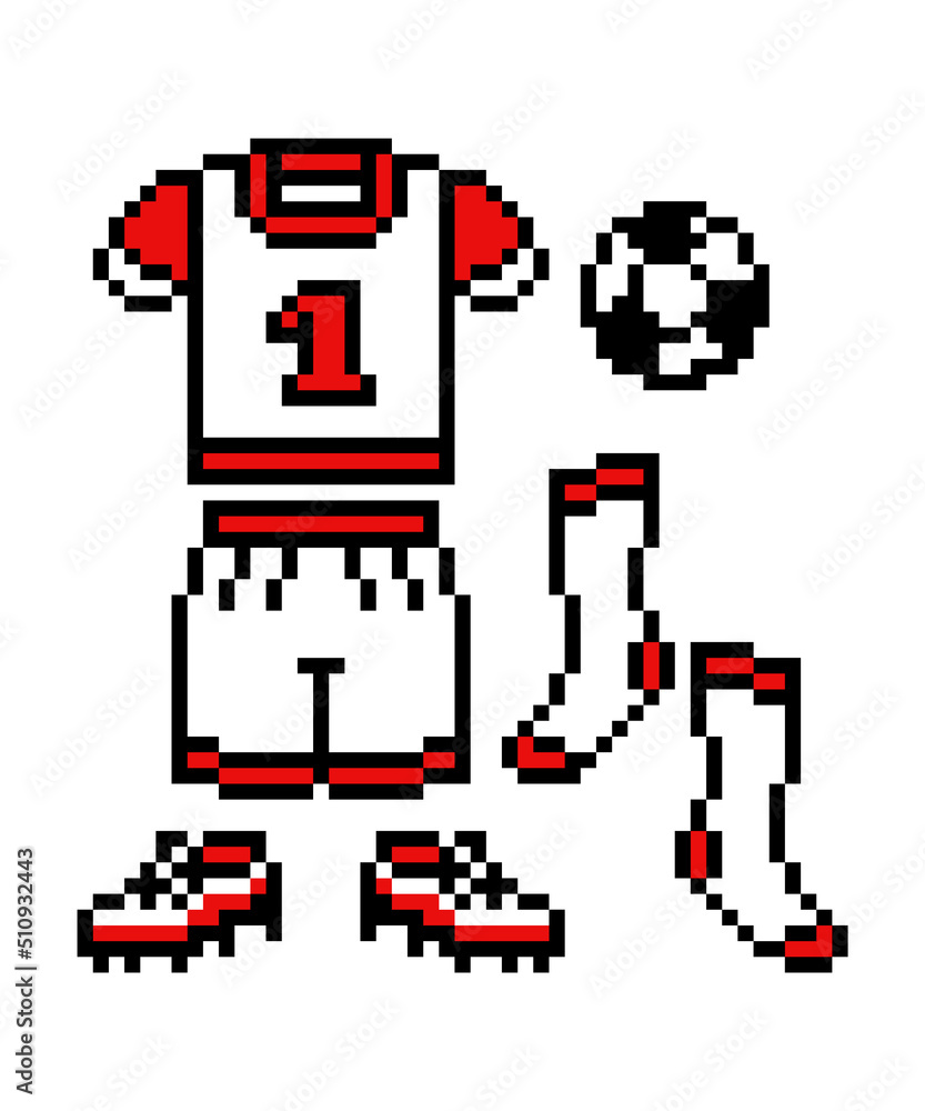 Pixel art soccer player costume (shirt, shorts), boots, socks, ball ...