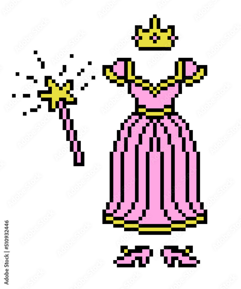 Pixel art princess costume (pink dress, gold crown, high-heels, magic ...